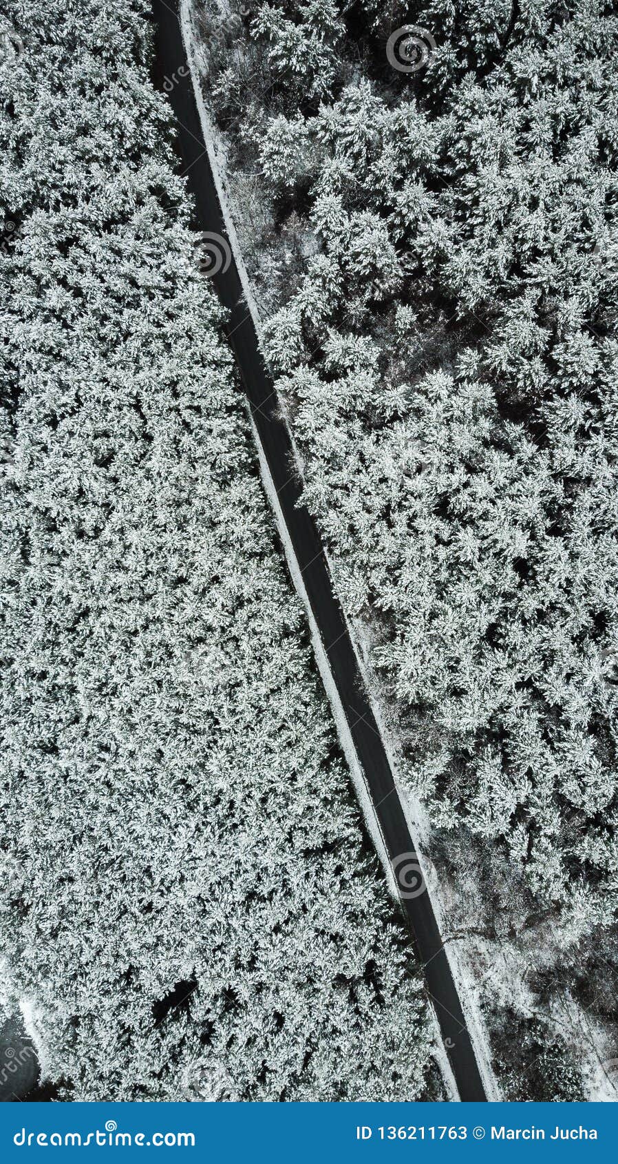 Aerial View of Snow Covered Road in Winter Forest Stock Image - Image ...