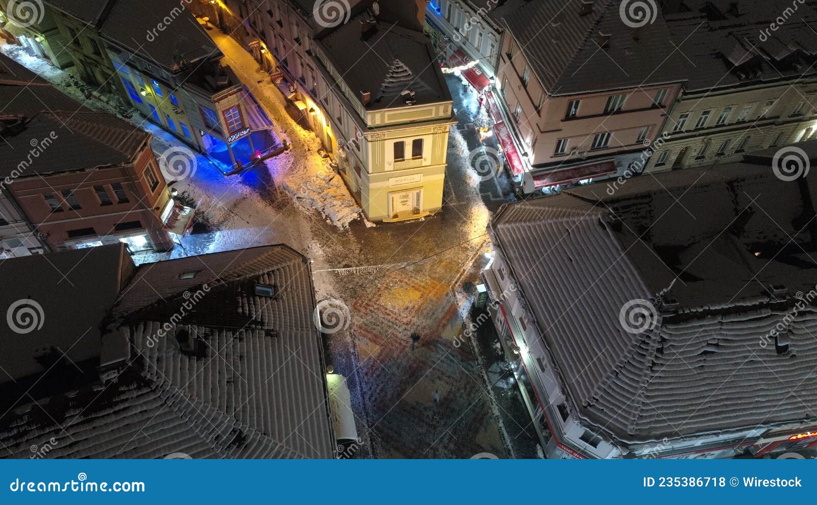 Aerial View of Snow-covered Town during Snow Storm at Nighttime Stock ...