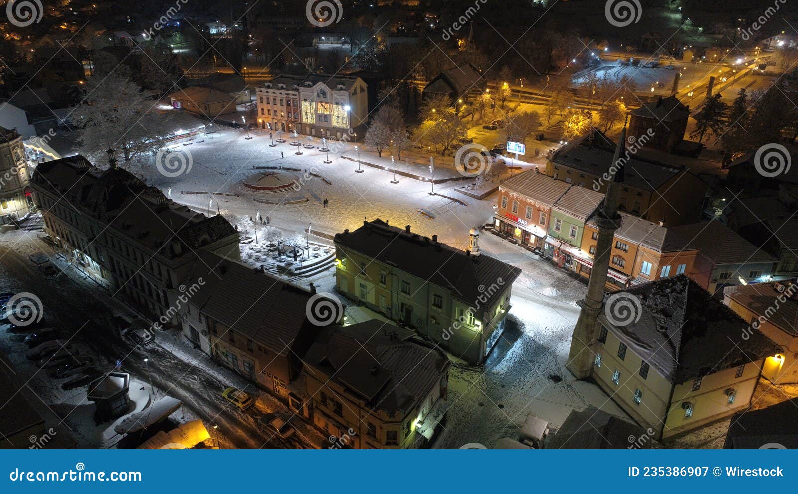 Aerial View of Snow-covered Town during Snow Storm at Nighttime Stock ...