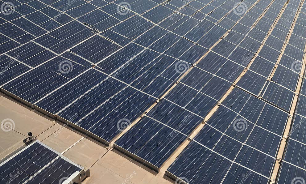 Aerial View Solar Panel Array, Showcasing Rows Dark Panels with White ...