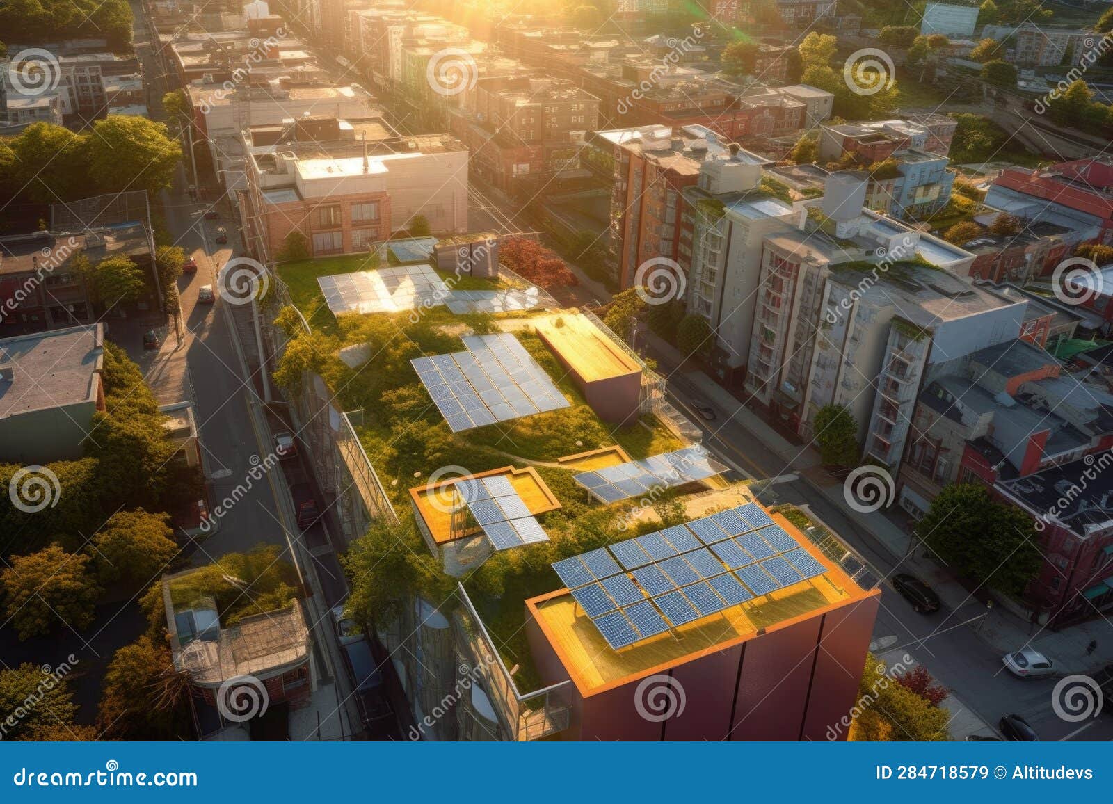 Aerial View of a Solar Panel-covered Rooftop in a City Stock Image ...