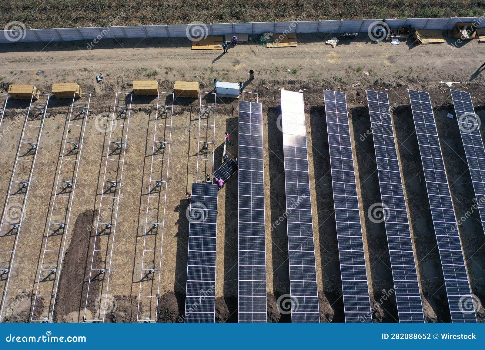 Aerial View of a Solar Panel Farm Stock Photo - Image of generator ...