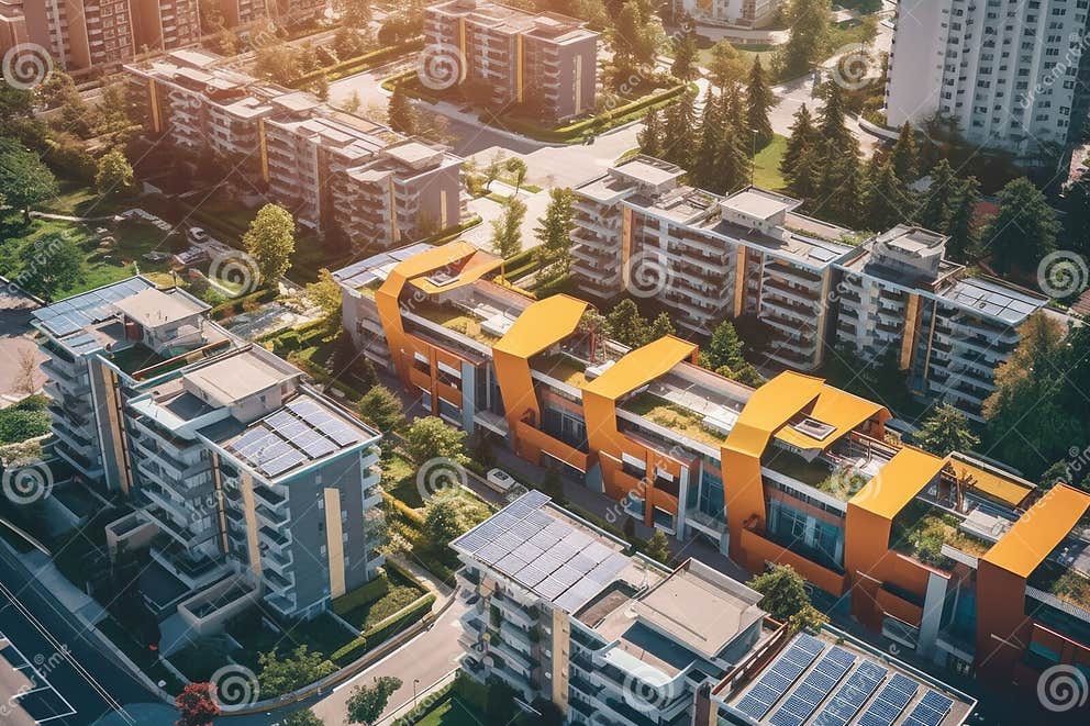 Aerial View of Solar Panel Rooftops on Modern Buildings Stock ...