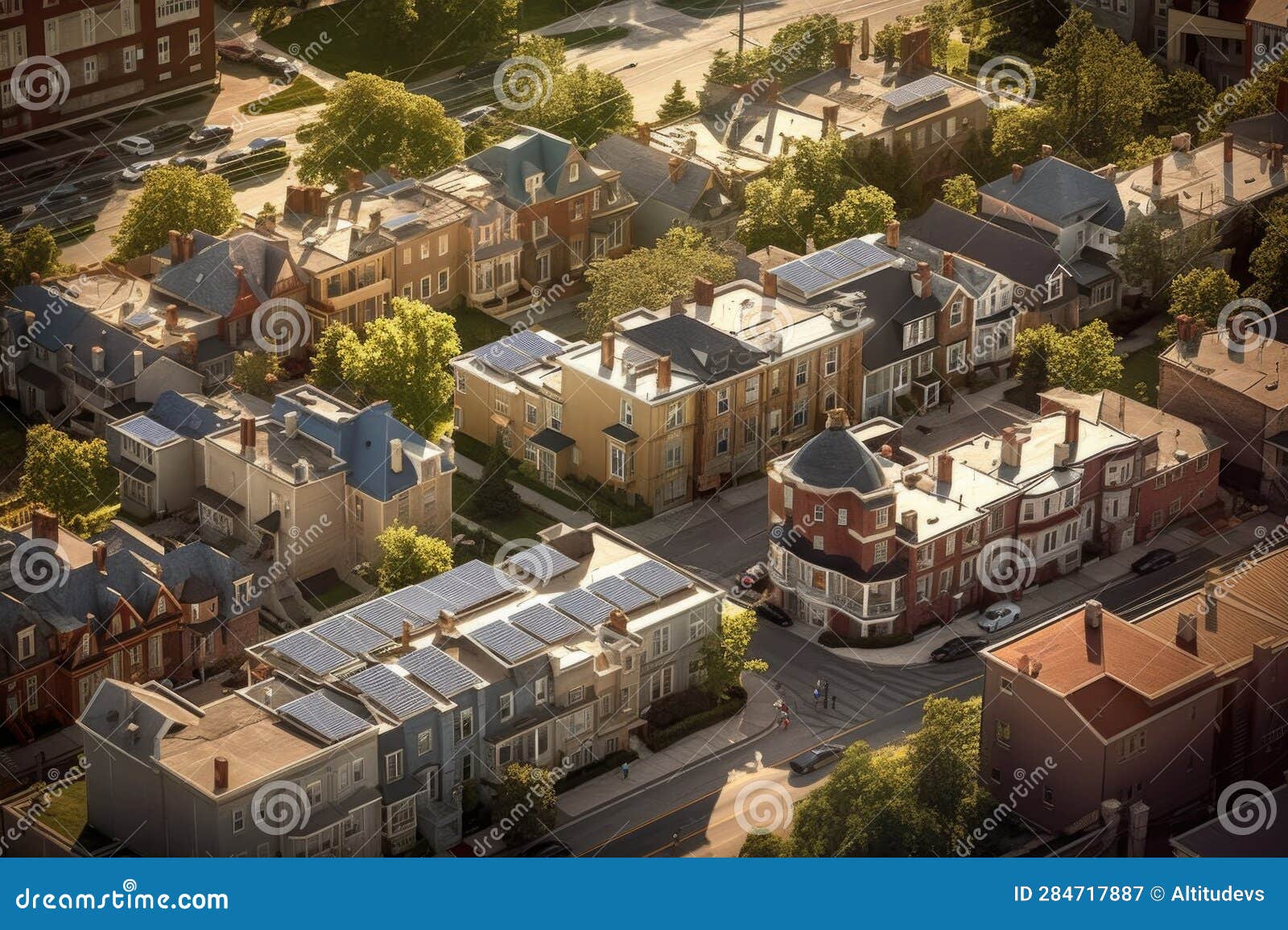 Aerial View of Solar Panel Rooftops on Urban Buildings Stock Image ...