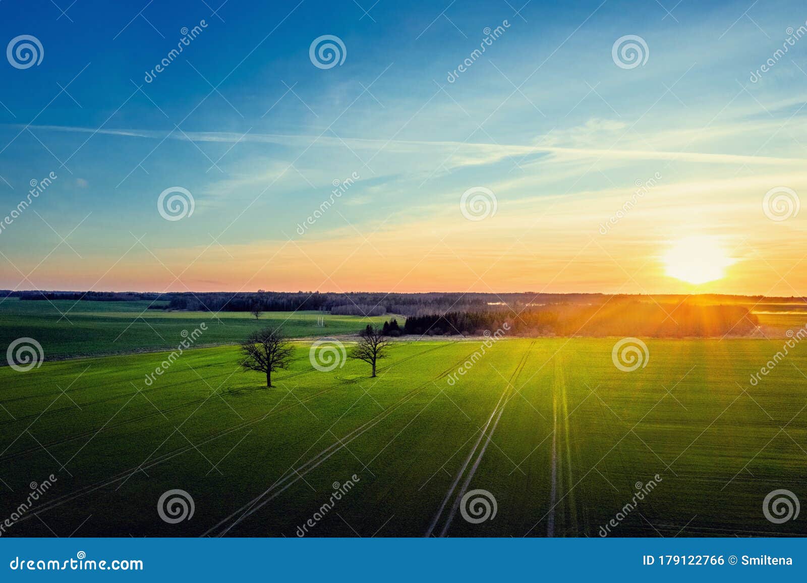 Aerial View of Spring Fields at Sunset Stock Photo - Image of panorama ...