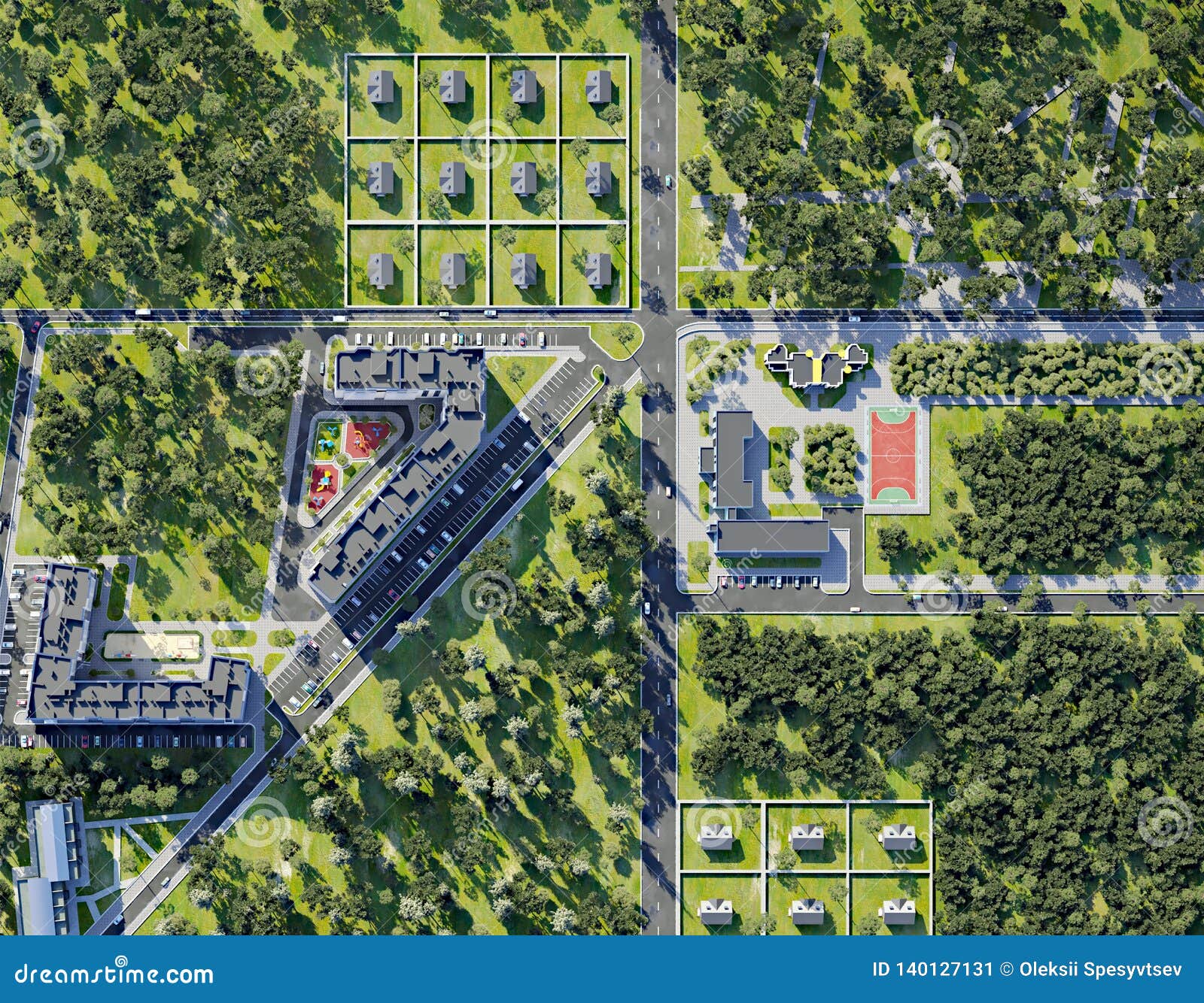 Aerial View of Summer Green Town, 3d Render Stock Illustration ...