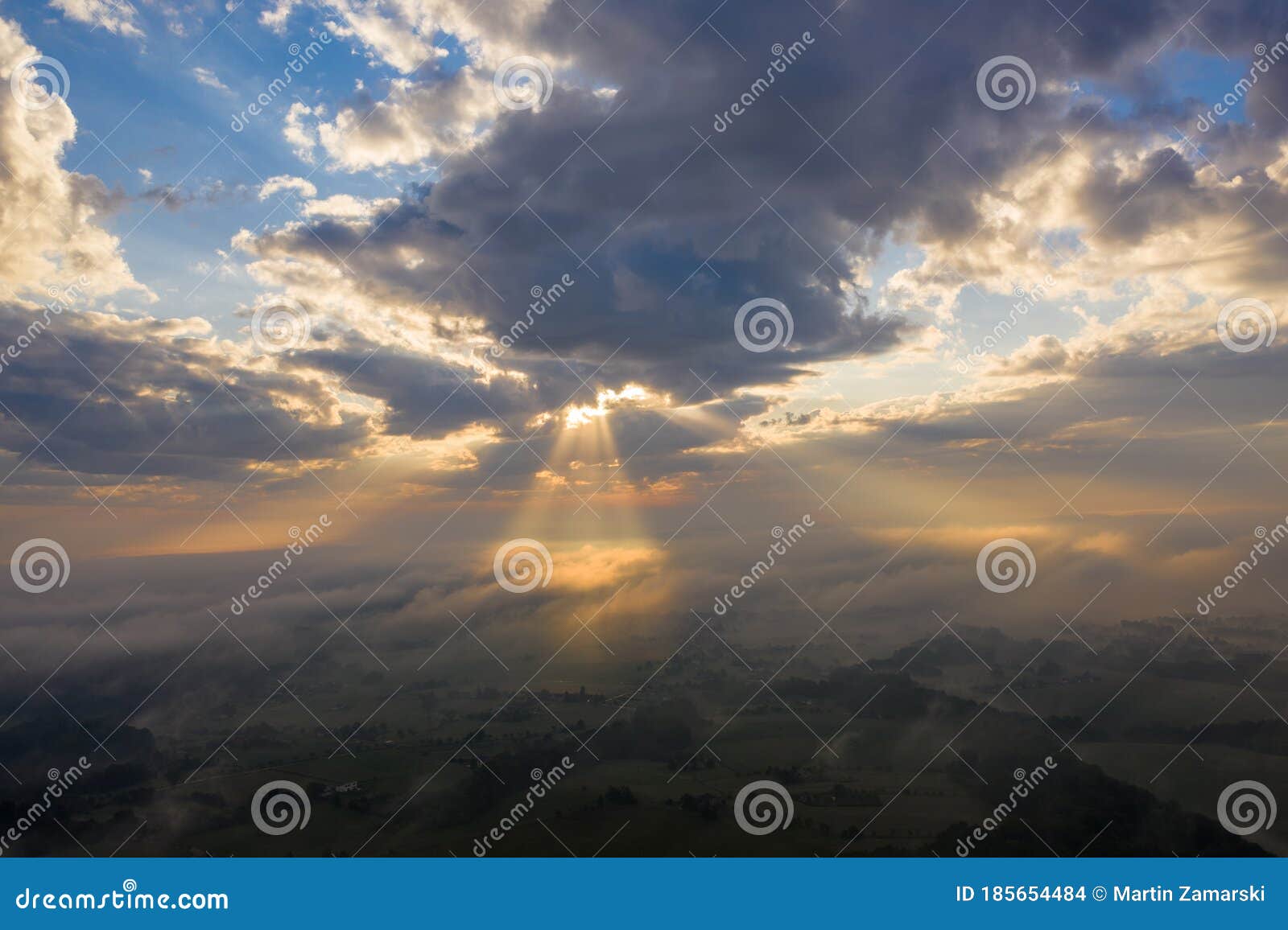 Aerial View of Sunrise among Forests, Meadows and Fields Stock Photo ...