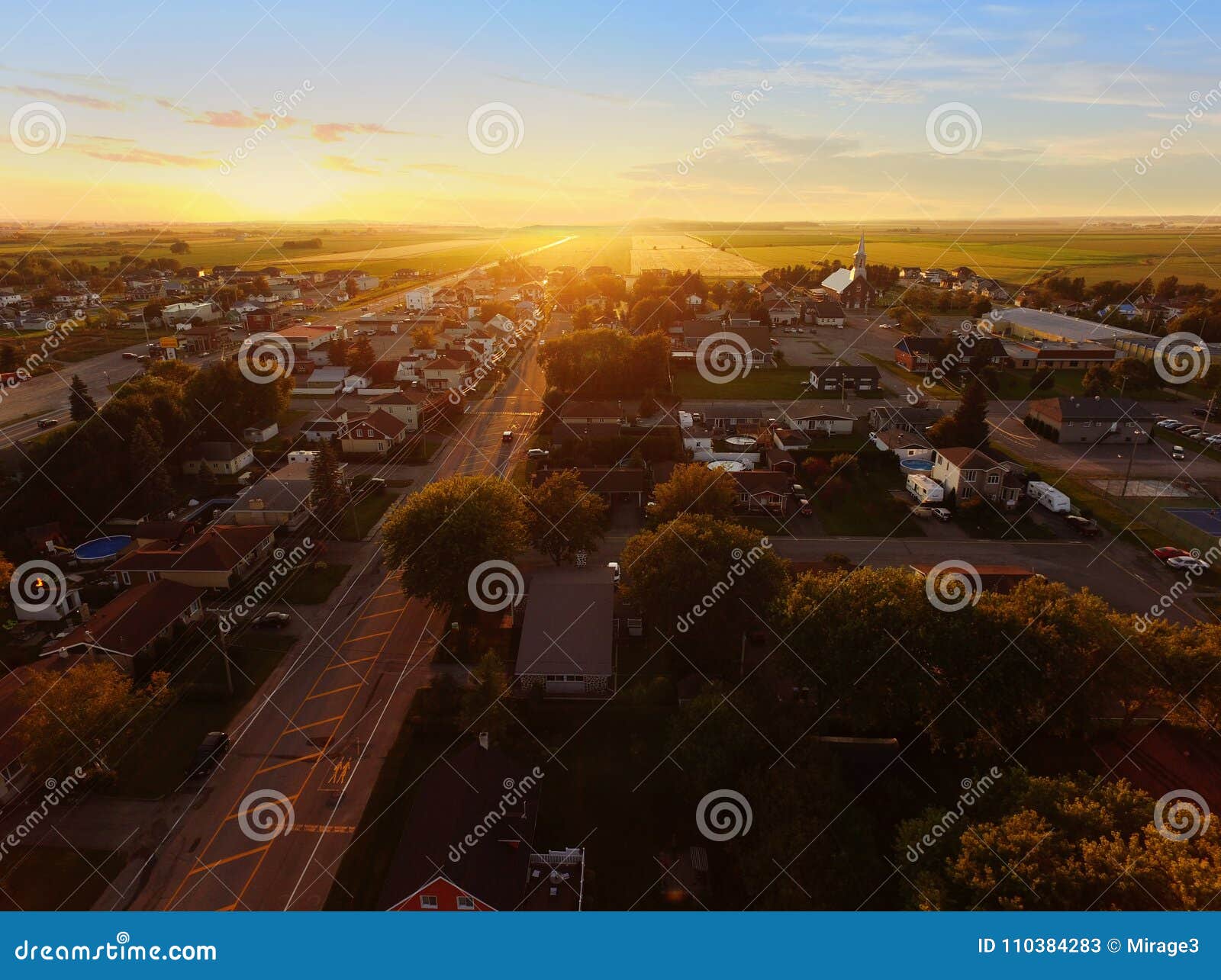 Aerial View of Sunset on a Small Town Stock Image - Image of colorful ...