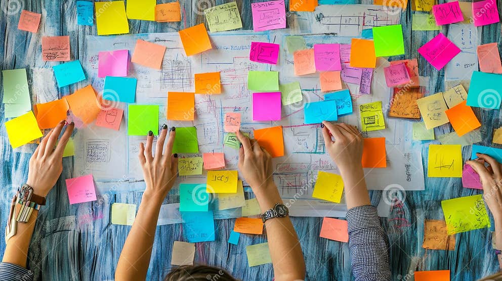 Aerial View of Team Collaborating with Colorful Sticky Notes Stock ...