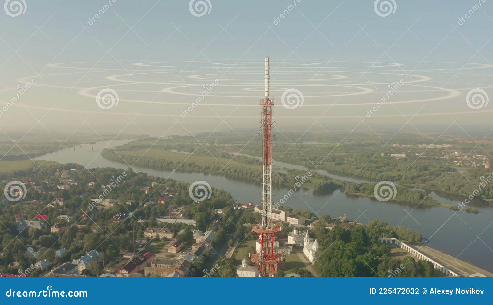 Aerial View of a Telecom Tower Emitting Visualized Radio Waves ...