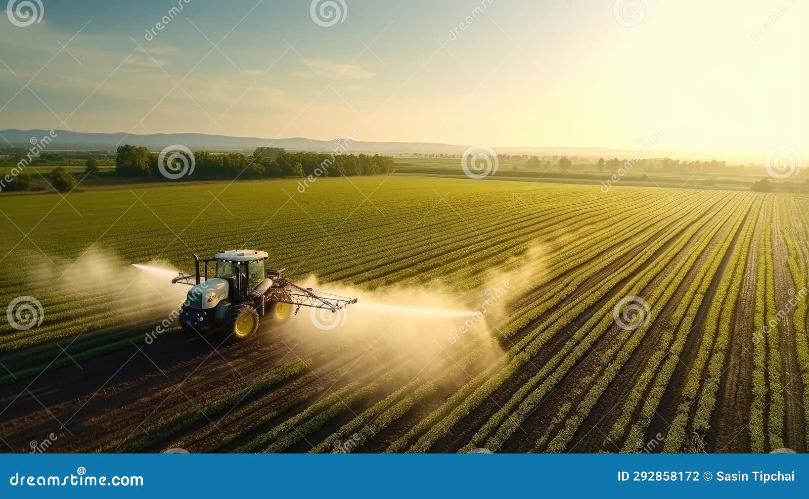 Aerial View of a Tractor Spraying Agricultural Fields. Spraying ...