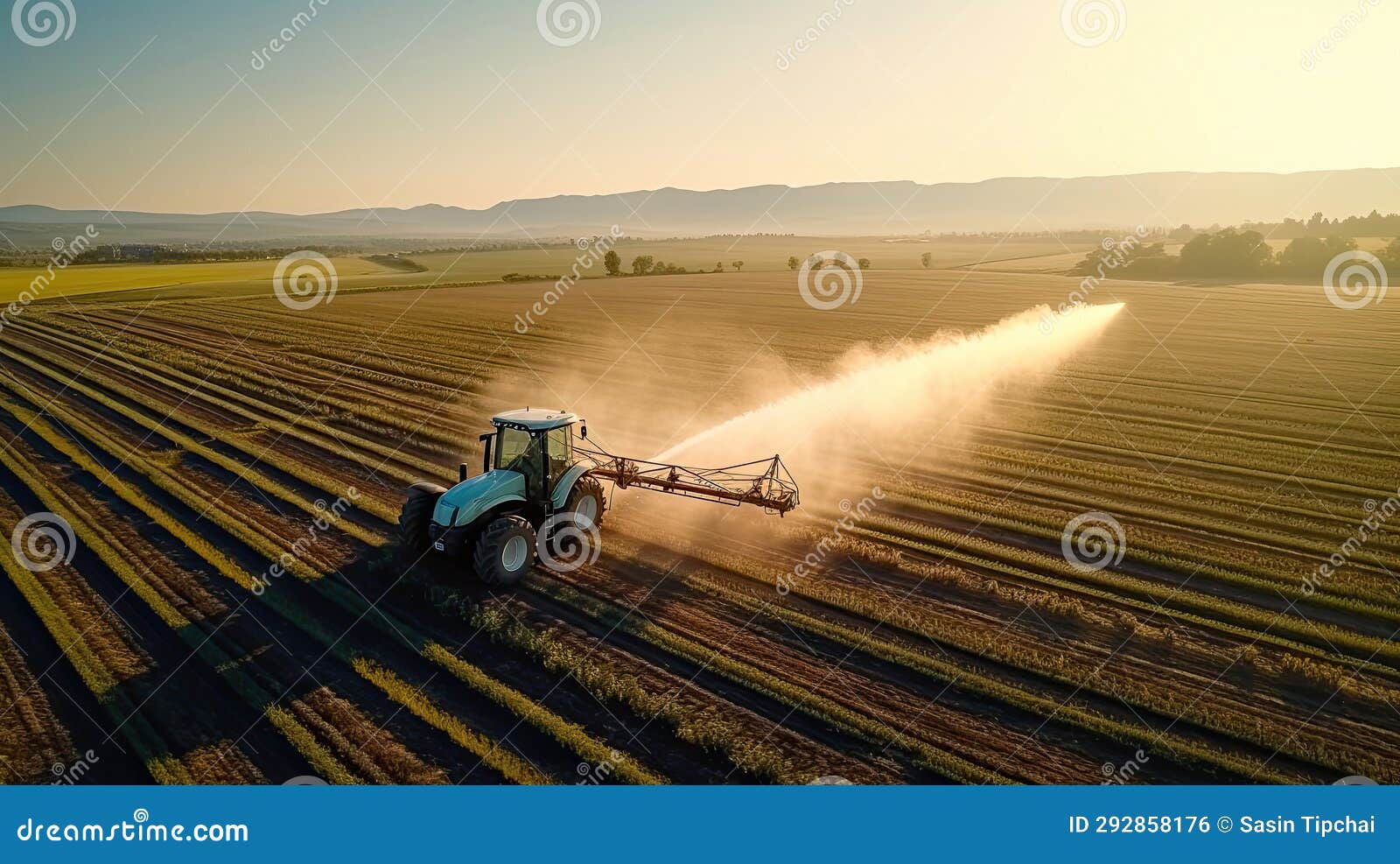 Aerial View of a Tractor Spraying Agricultural Fields. Spraying ...