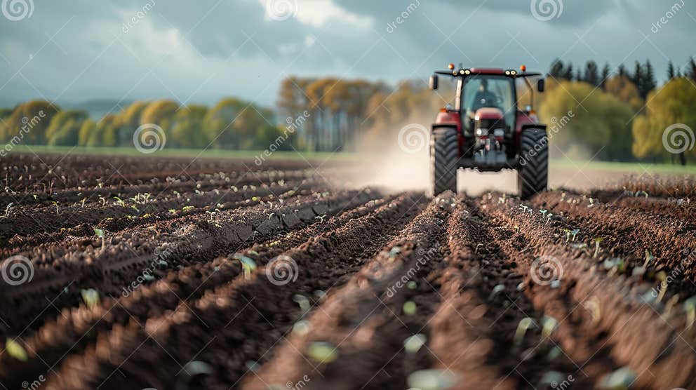 An Aerial View of a Tractor Tilling a Field in the Spring. Spring Field ...