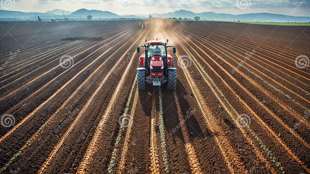 An Aerial View of a Tractor Tilling a Field in the Spring. Spring Field ...