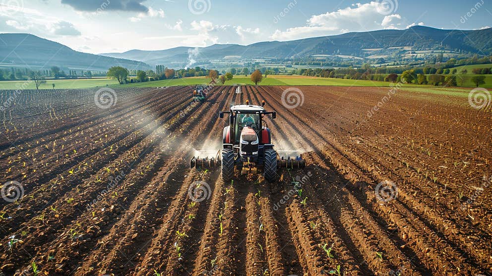 An Aerial View of a Tractor Tilling a Field in the Spring. Spring Field ...