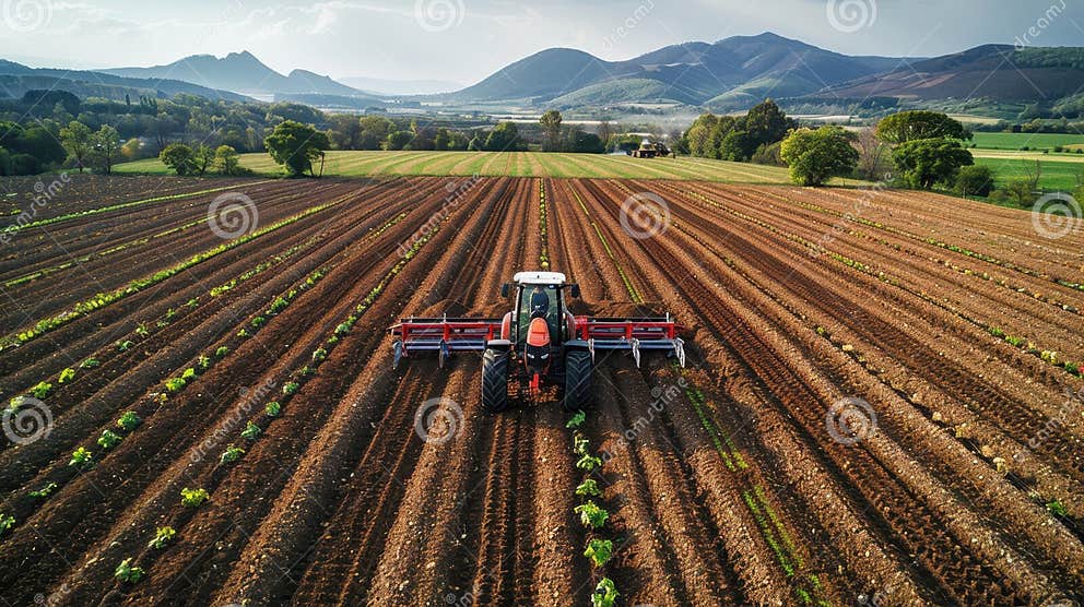An Aerial View of a Tractor Tilling a Field in the Spring. Spring Field ...