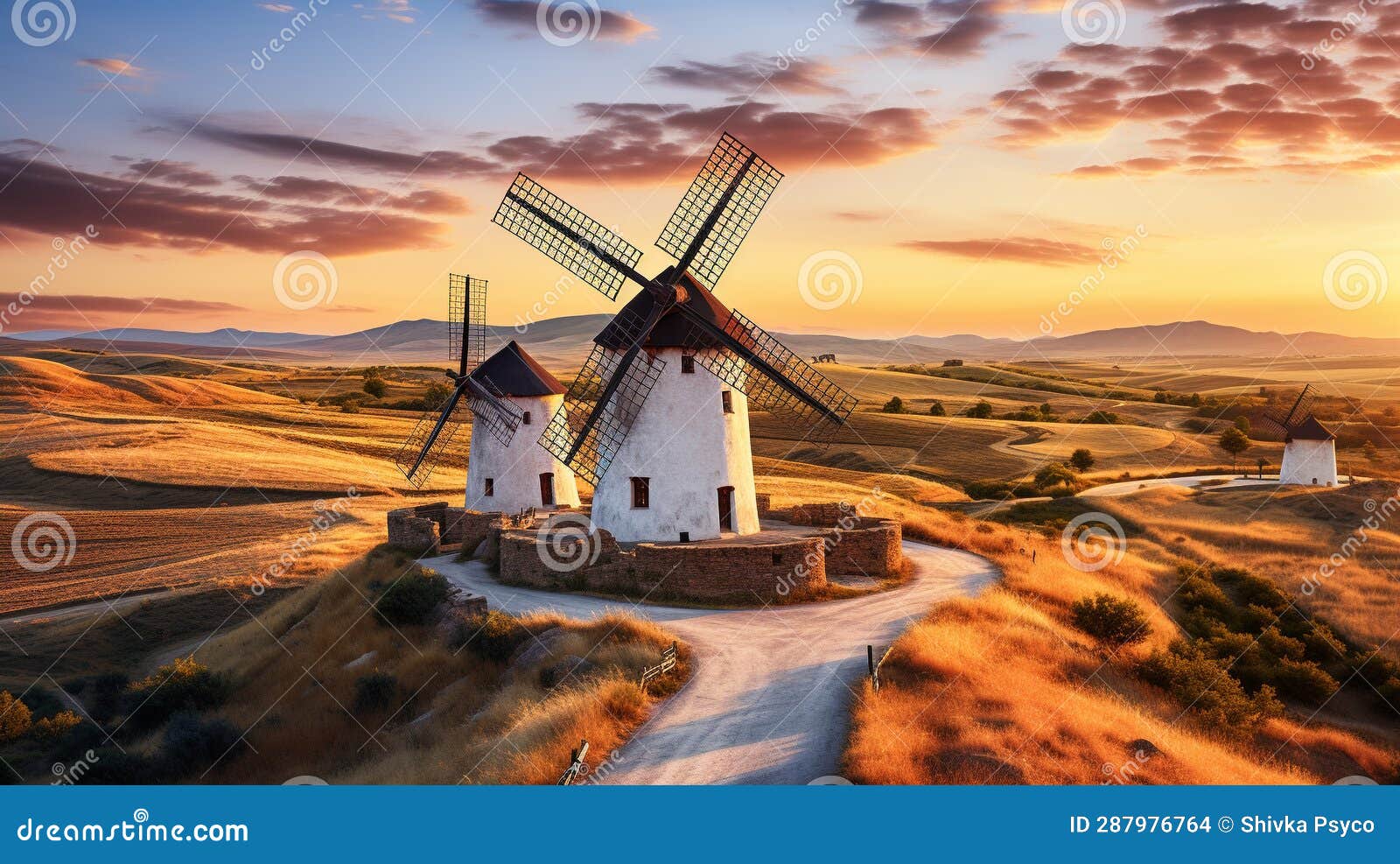 Aerial View of Traditional Medieval Spanish Windmills Generative AI ...