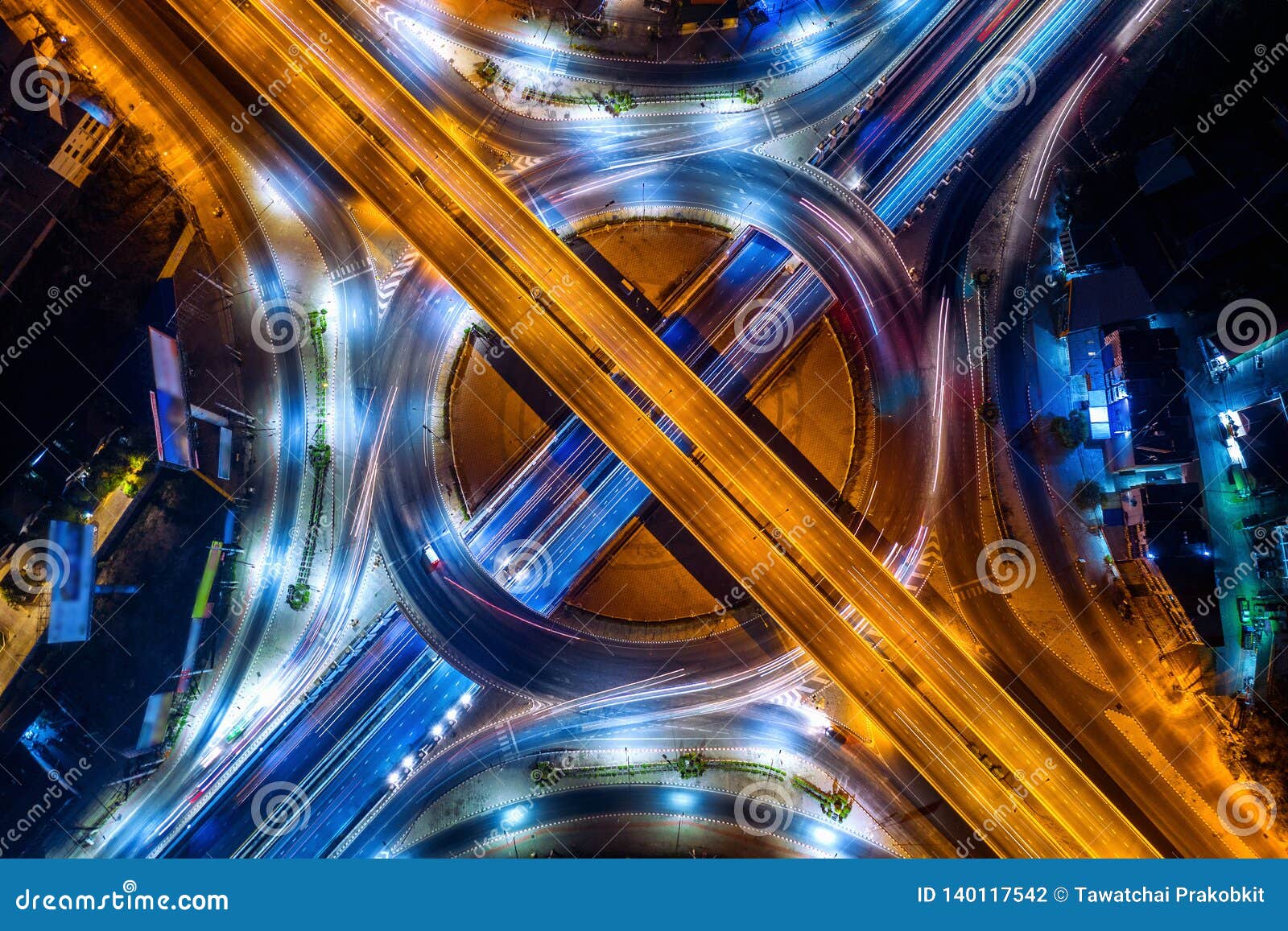 Aerial View of Traffic in Roundabout and Highway at Night Stock Photo ...
