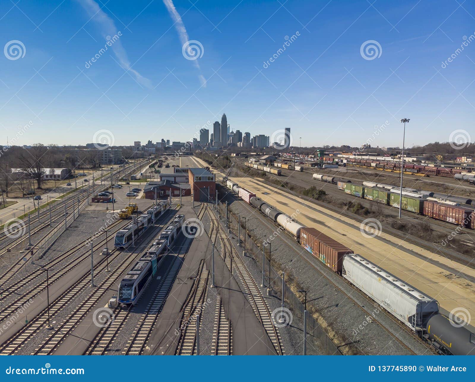 Aerial View of a Train Yard with Charlotte, NC in the Background ...