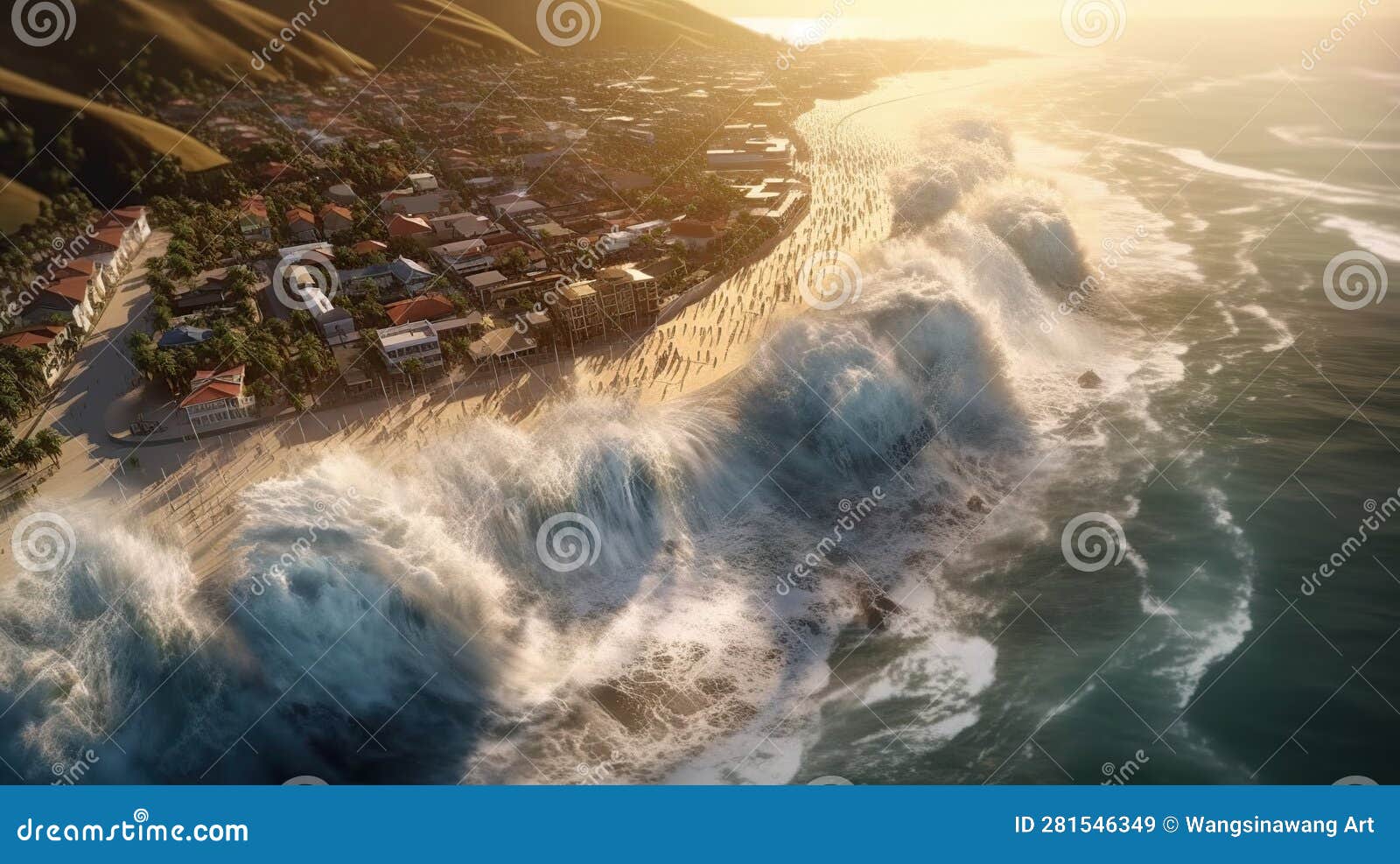 Aerial View of Tsunami with a Big Wave Generative AI Stock Illustration ...