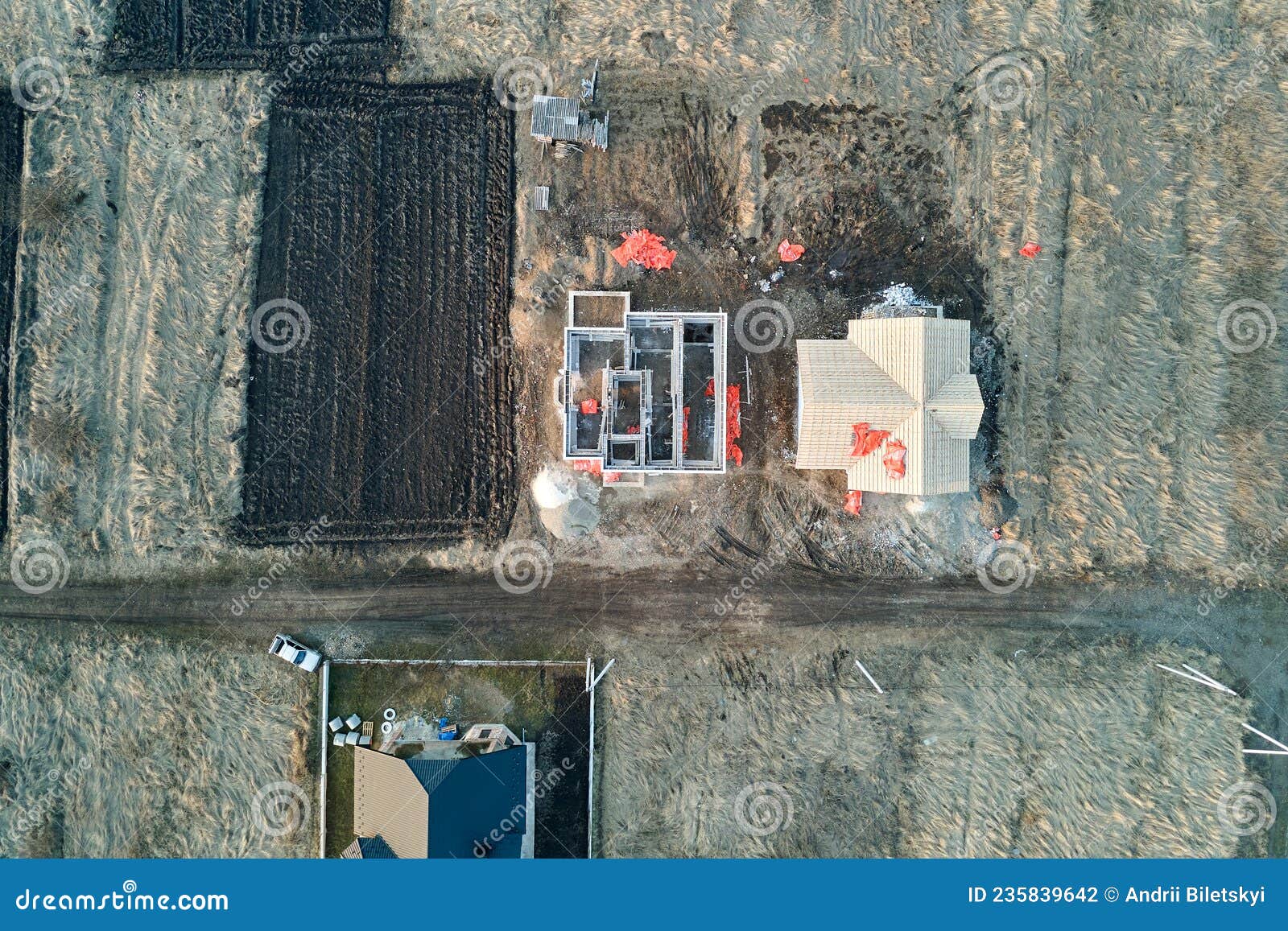 Aerial View of Unfinished Frame of Private House Foundation Under ...