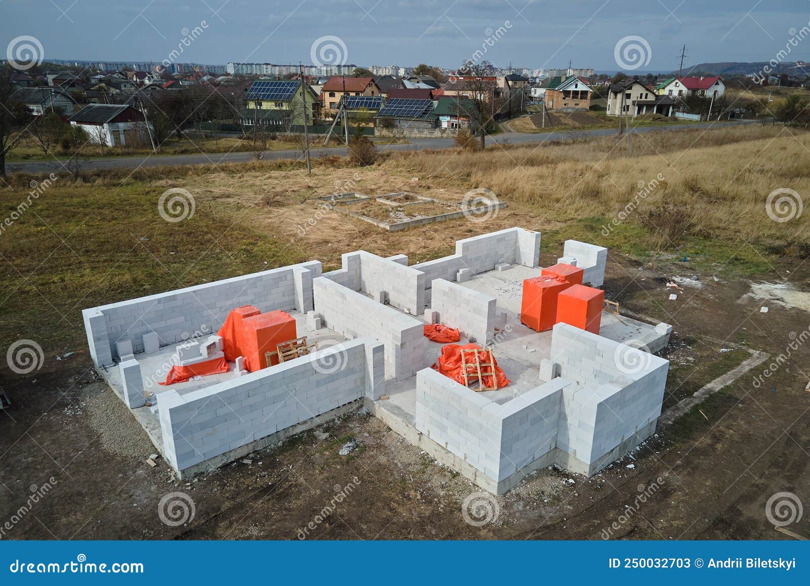Aerial View of Unfinished Frame of Private House Foundation Under ...
