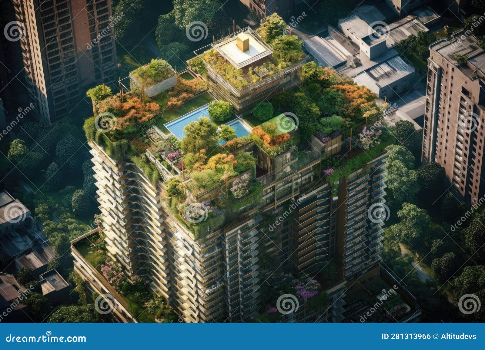 Aerial View of a Unique Skyscraper with a Rooftop Garden Stock ...