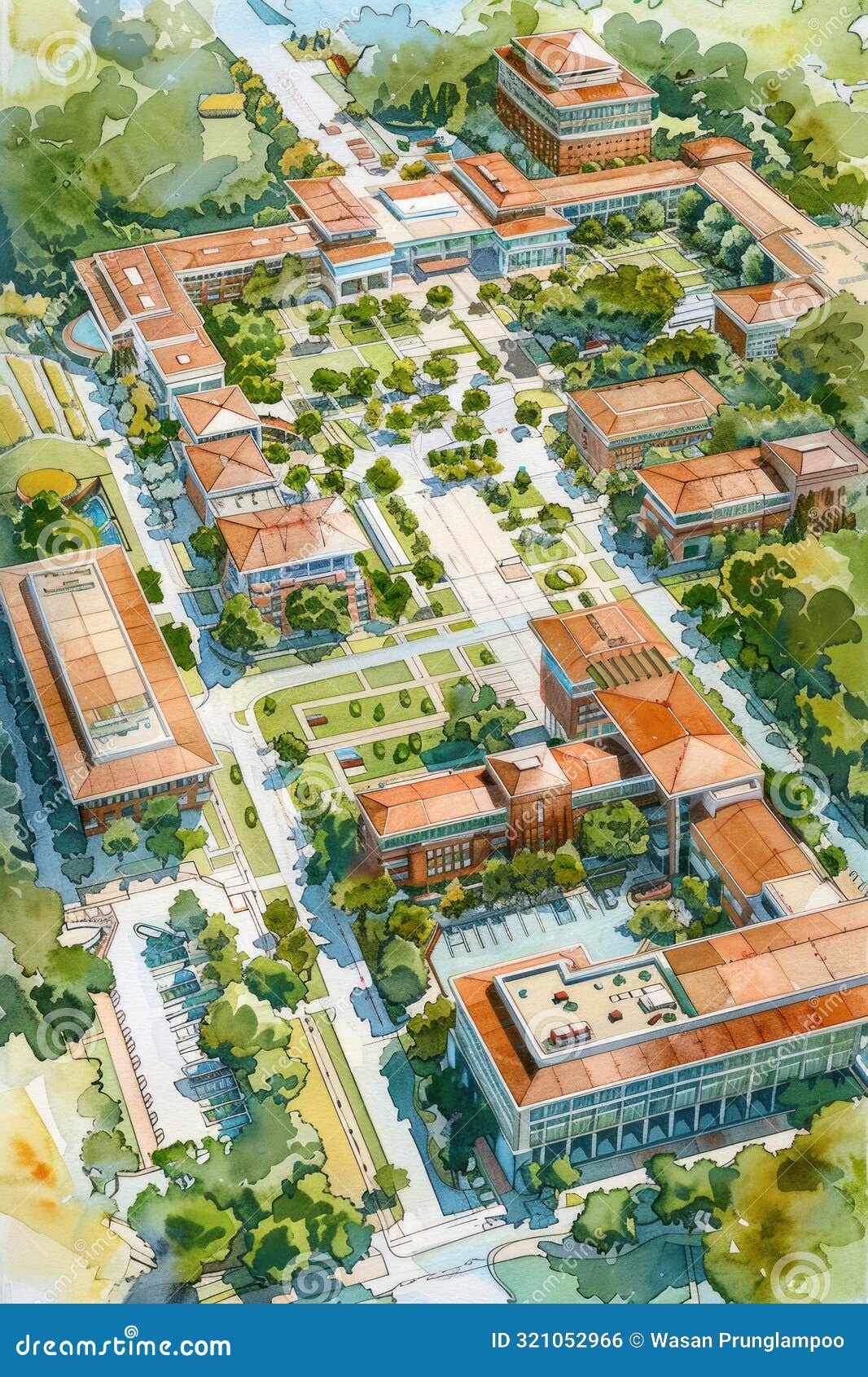 Aerial View of a University Campus with Buildings, Trees, and Walkways ...