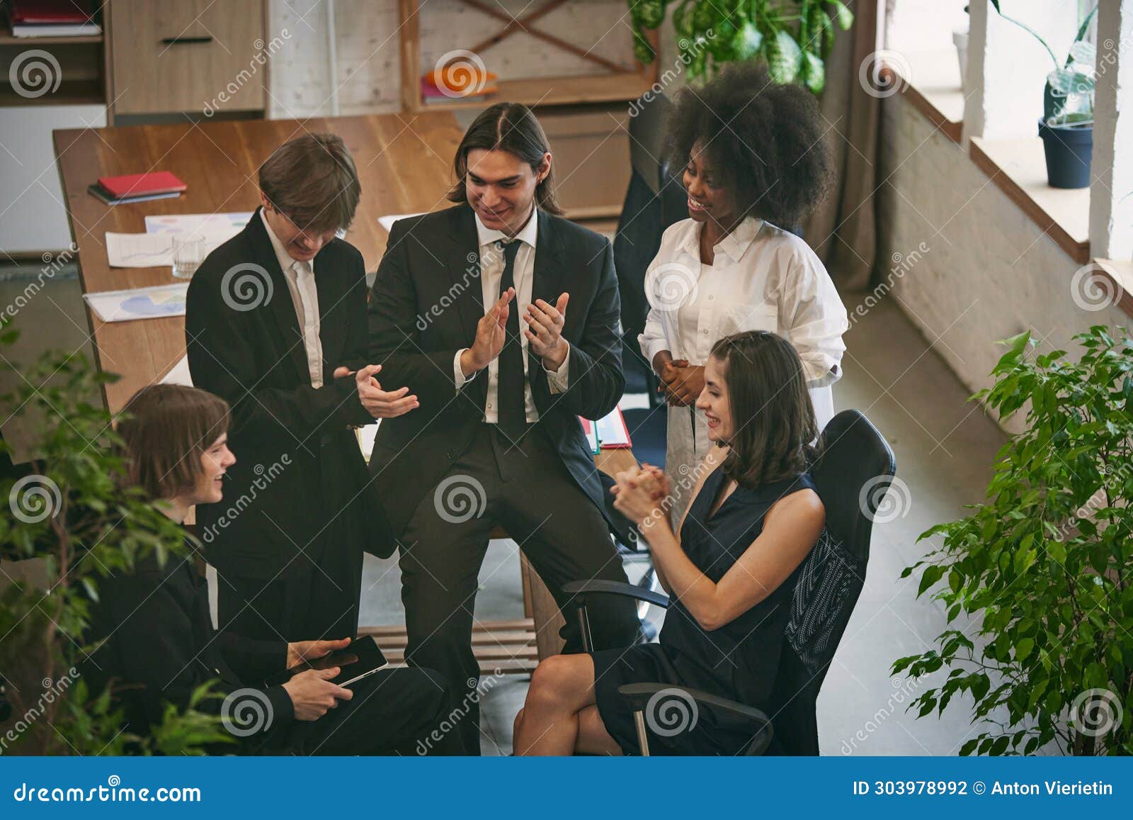 Aerial View. University Students Studying Together at Table and One Man ...