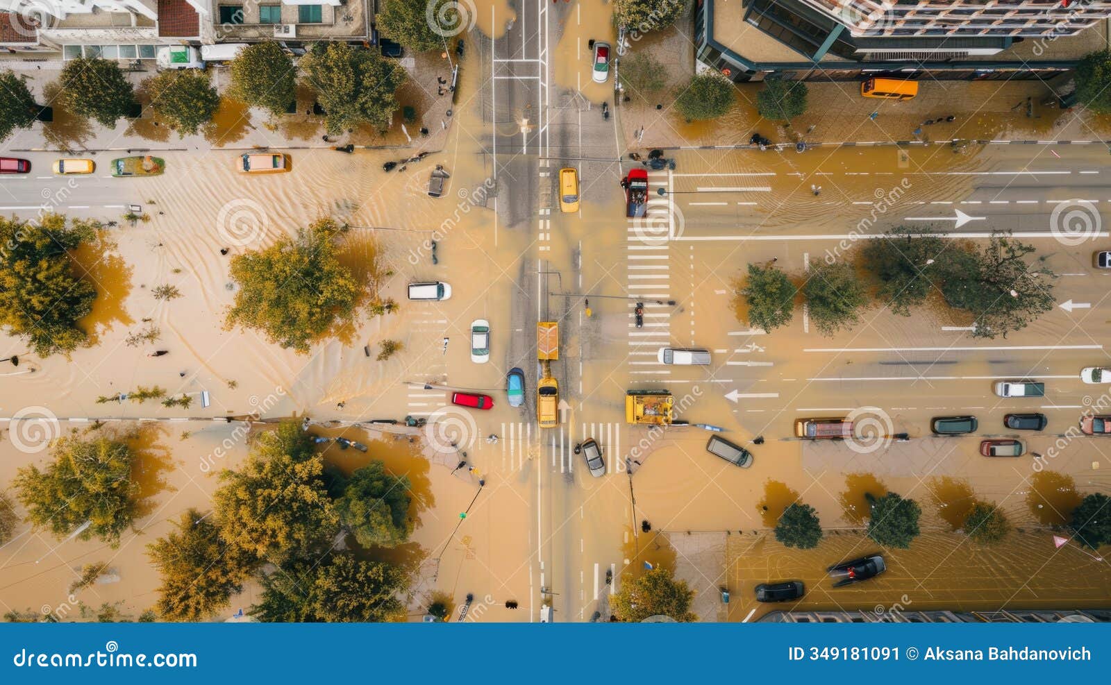 Aerial View of Urban Flooded Intersection after Heavy Rainfall Traffic ...
