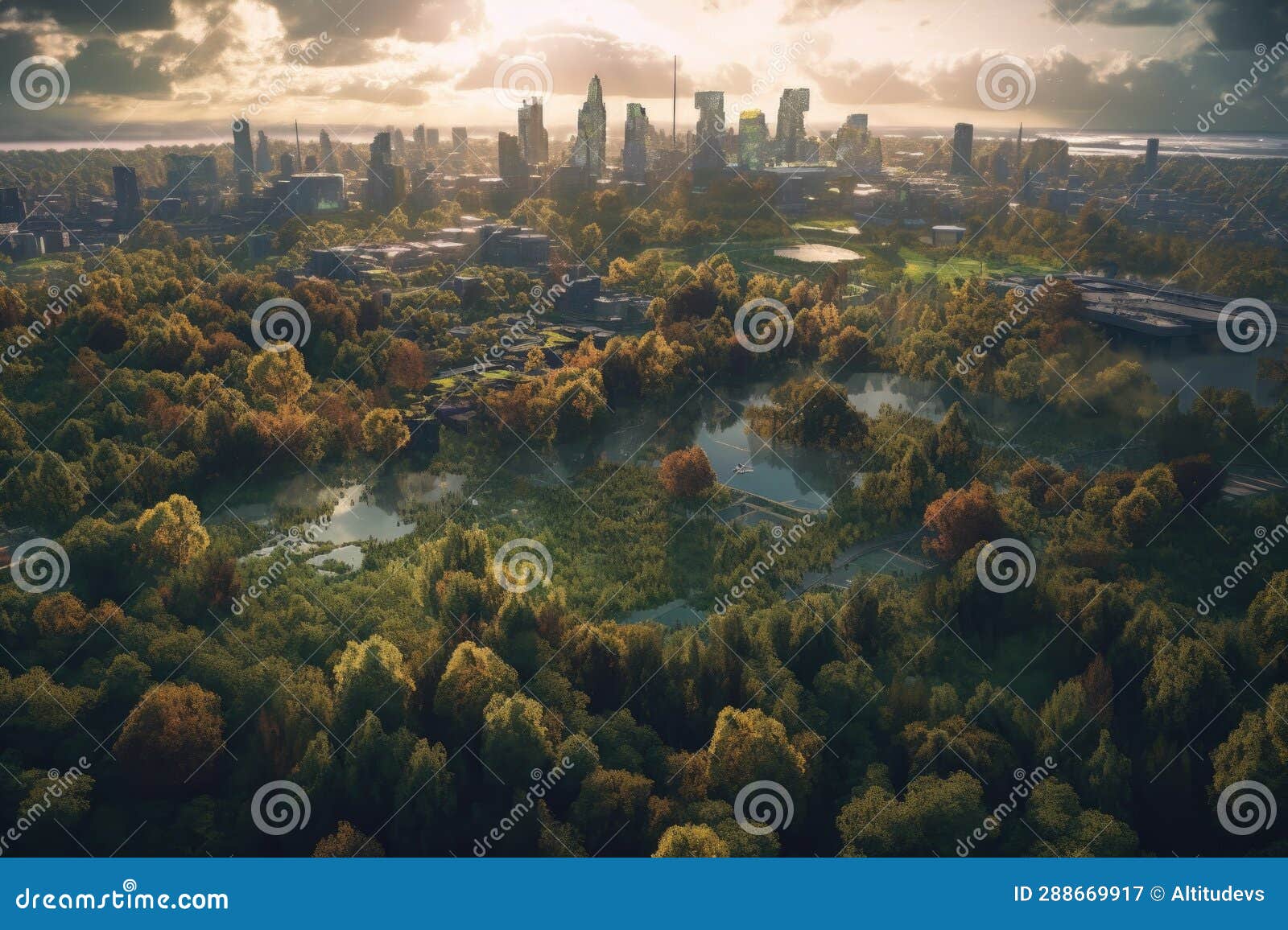 Aerial View of Urban Skyline Surrounded by Nature Stock Image - Image ...