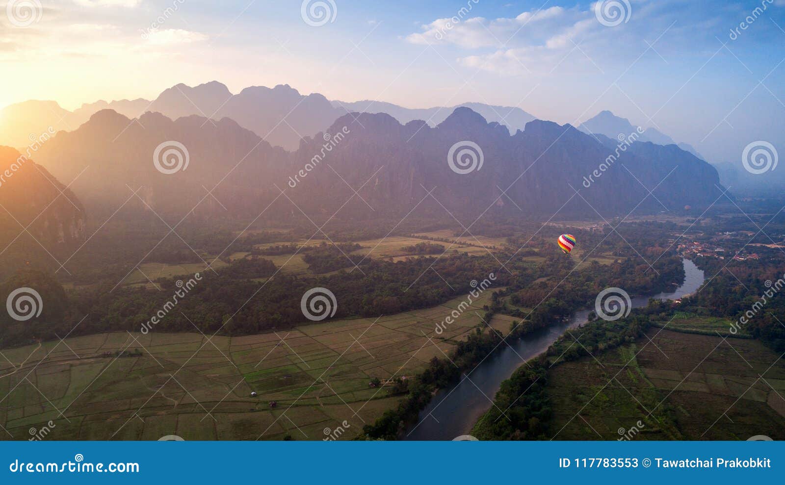 Aerial View of Vang Vieng with Mountains and Balloon at Sunset Stock ...