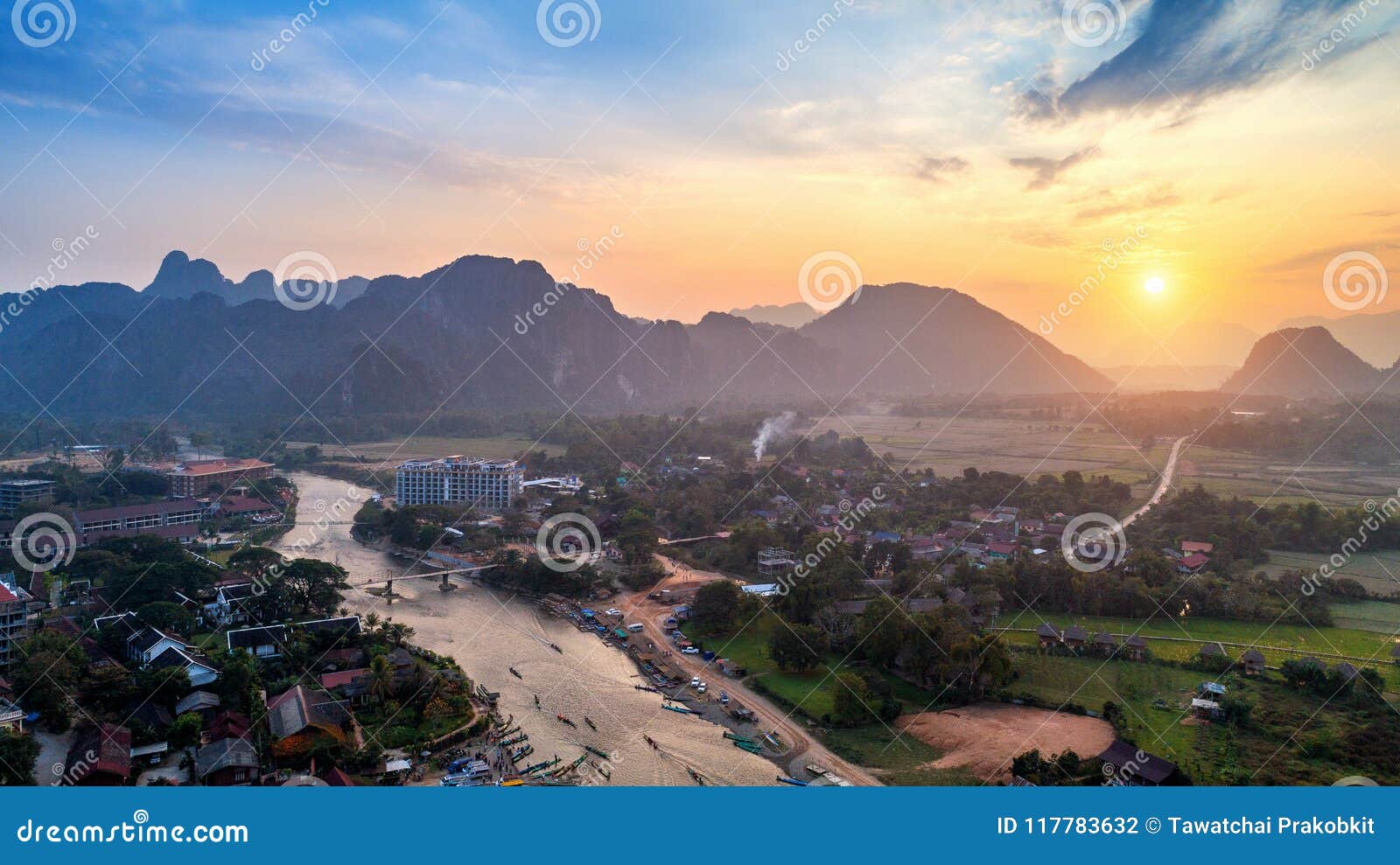 Aerial View of Vang Vieng with Mountains at Sunset Stock Photo - Image ...