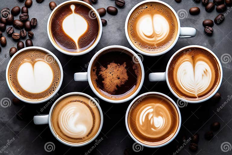Aerial View of Various Coffee Cups Ai Generated Stock Photo - Image of ...