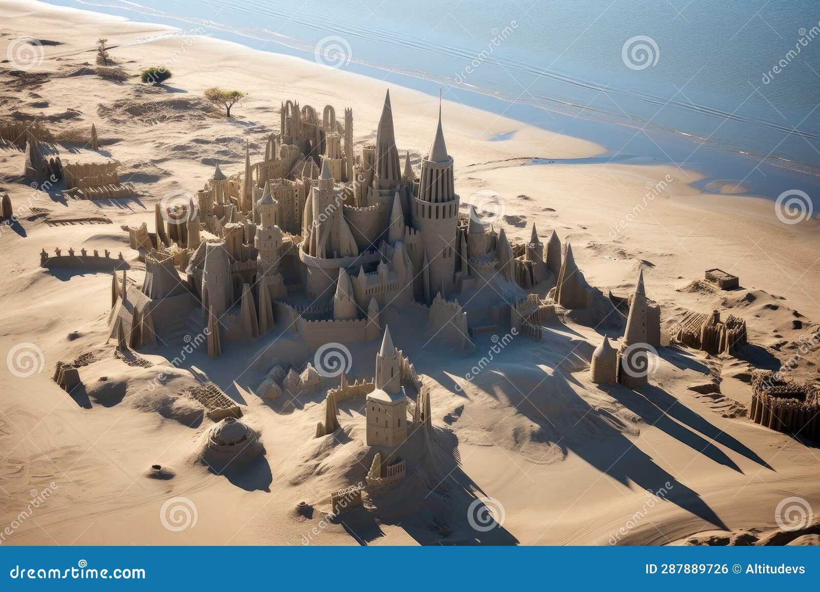 Aerial View of Various Sandcastle Shapes on Beach Stock Illustration ...