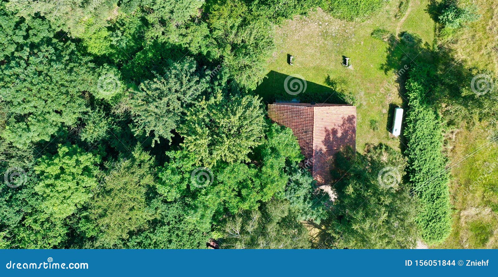 Aerial View from a Vertical Perspective of a Small Shed at the Edge of ...