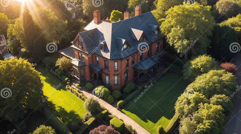 Aerial View of Victorian House with Dramatic Sun Lighting and a Ai ...