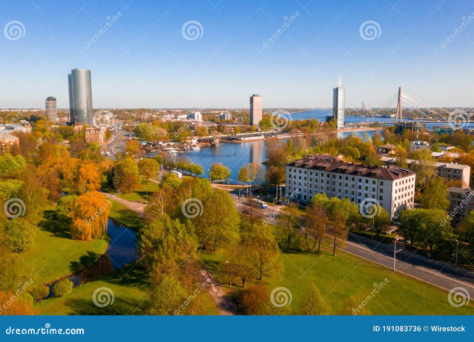 Aerial View of the Victory Park in Riga with the Old Town in the ...