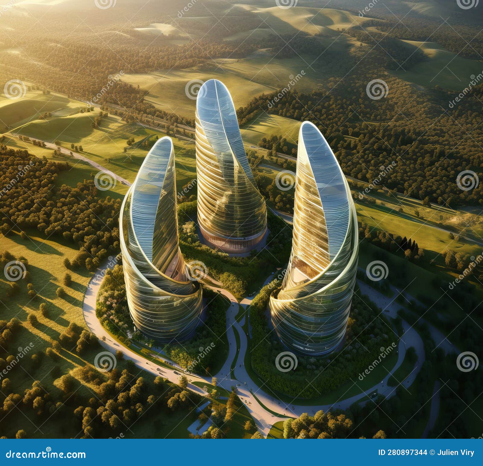 Aerial View of Visionary Design Modern Skyscraper in Middle of Green ...