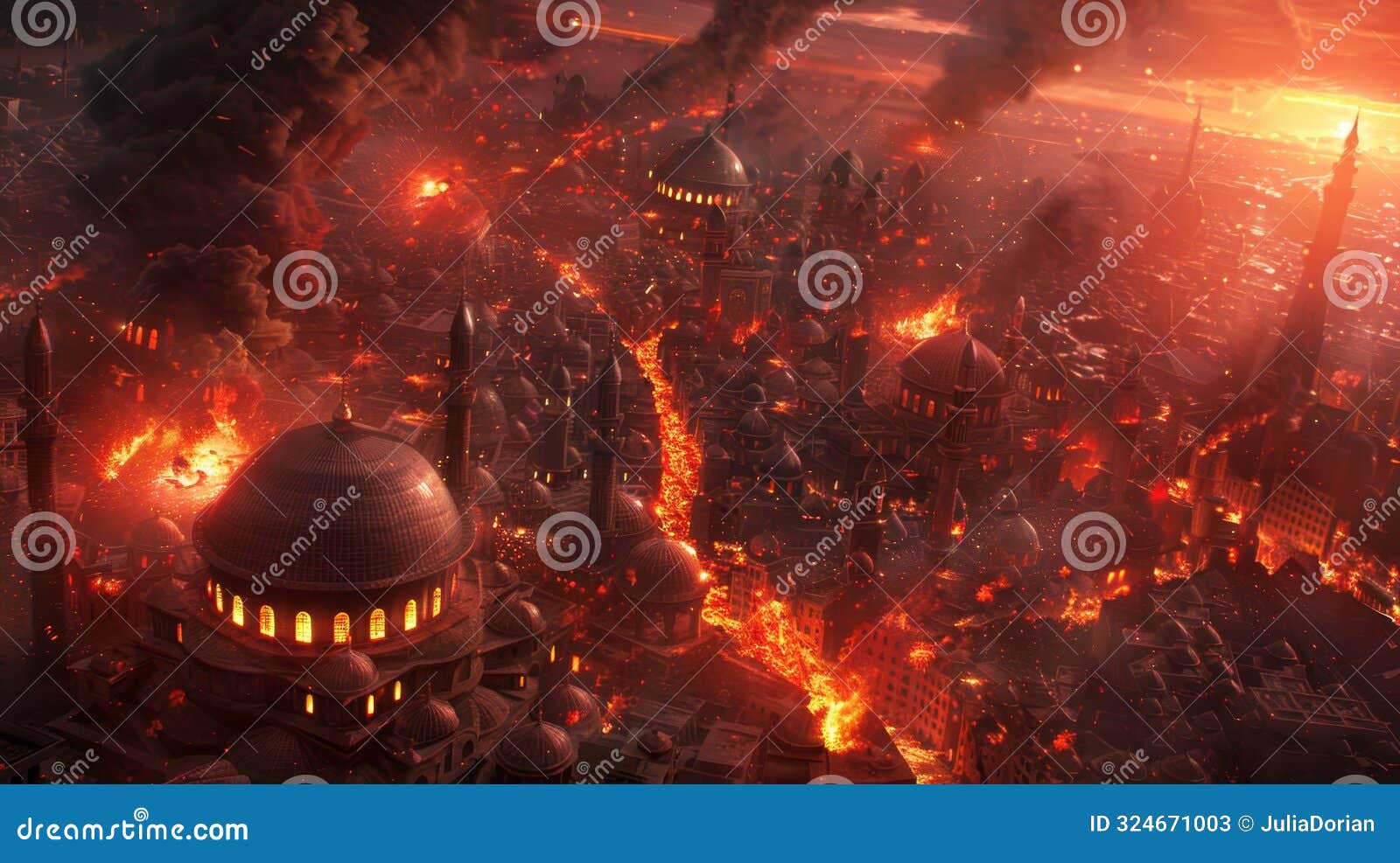 Aerial View of War Torn Earth Devastated Cities, Explosions, Fires, and ...