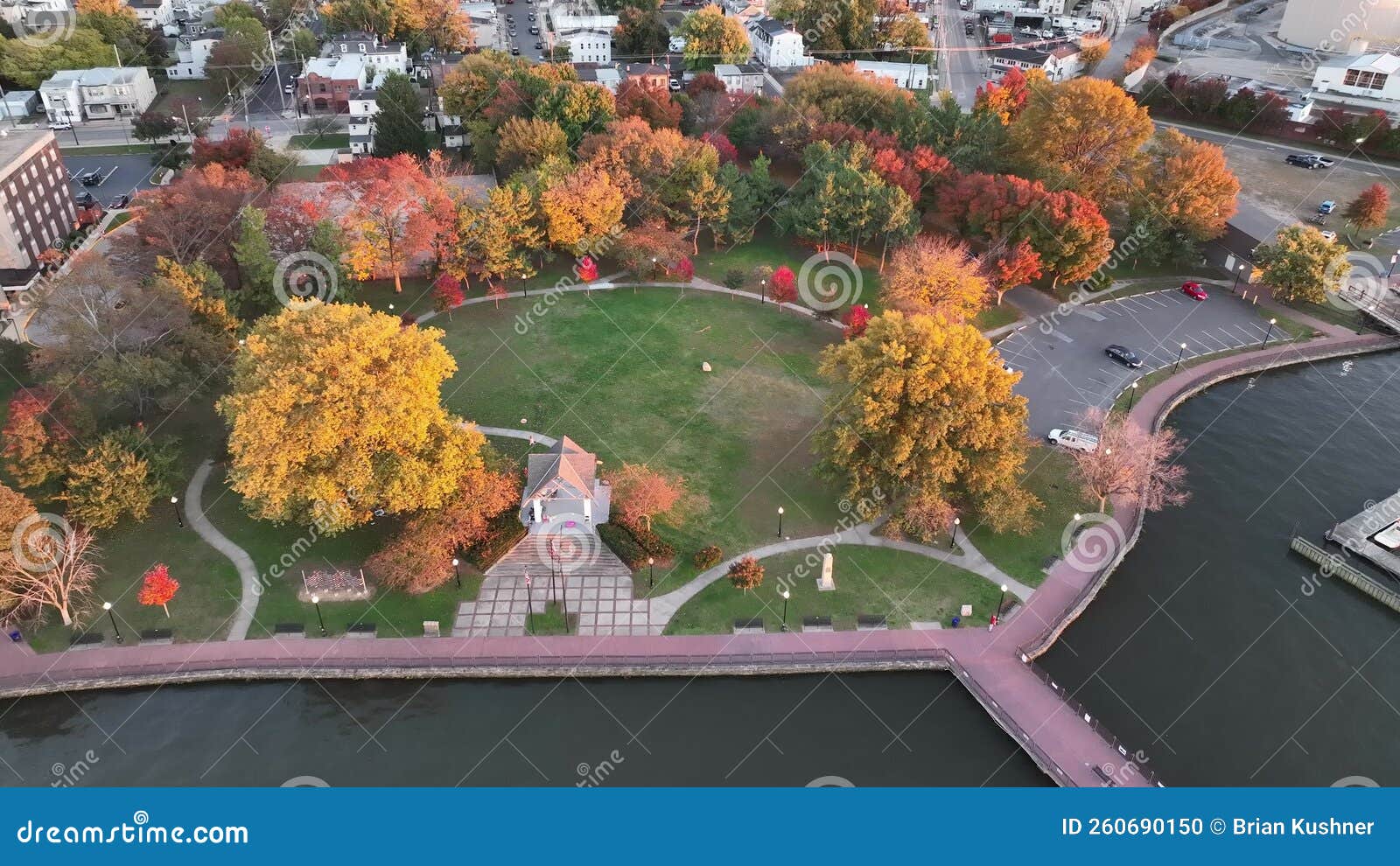 Aerial View of a Waterfront Park in Fall Colors Stock Footage - Video ...