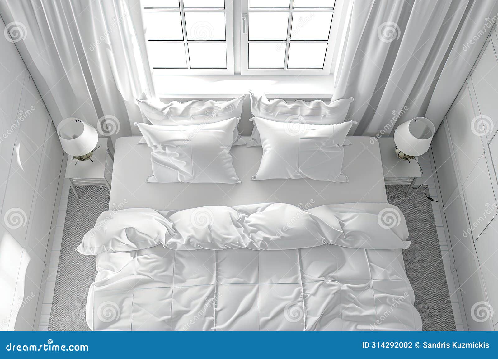 Aerial View of White Bedroom with Bed. Generative AI. Stock ...