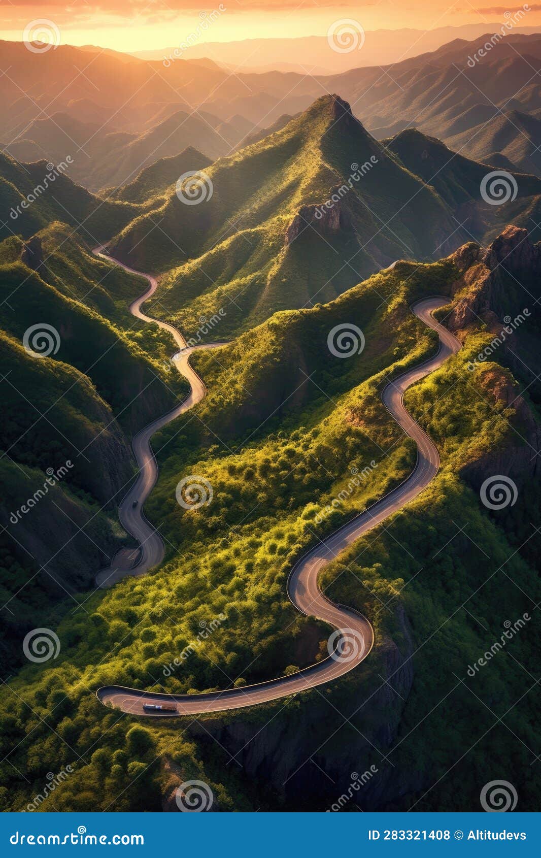 Aerial View of a Winding Mountain Road at Sunset Stock Illustration ...