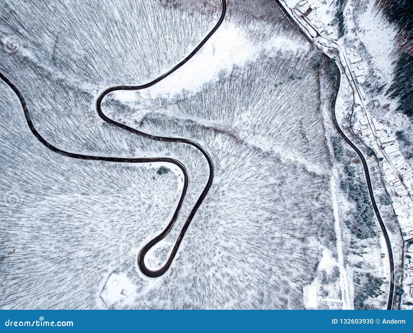 Aerial View of Winding Road in Winter Stock Photo - Image of frozen ...