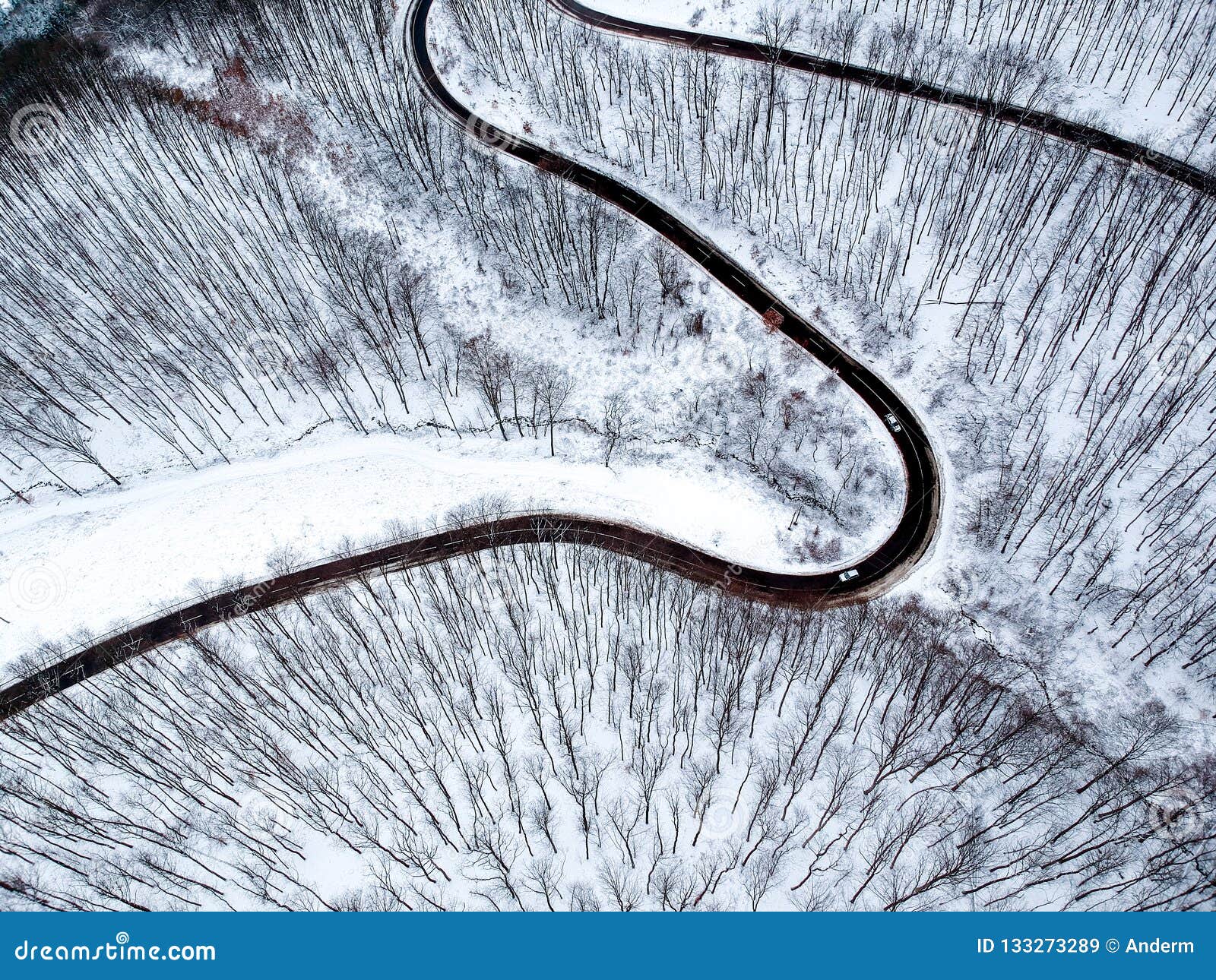 Aerial View of Winding Road in Winter Stock Image - Image of snowy ...