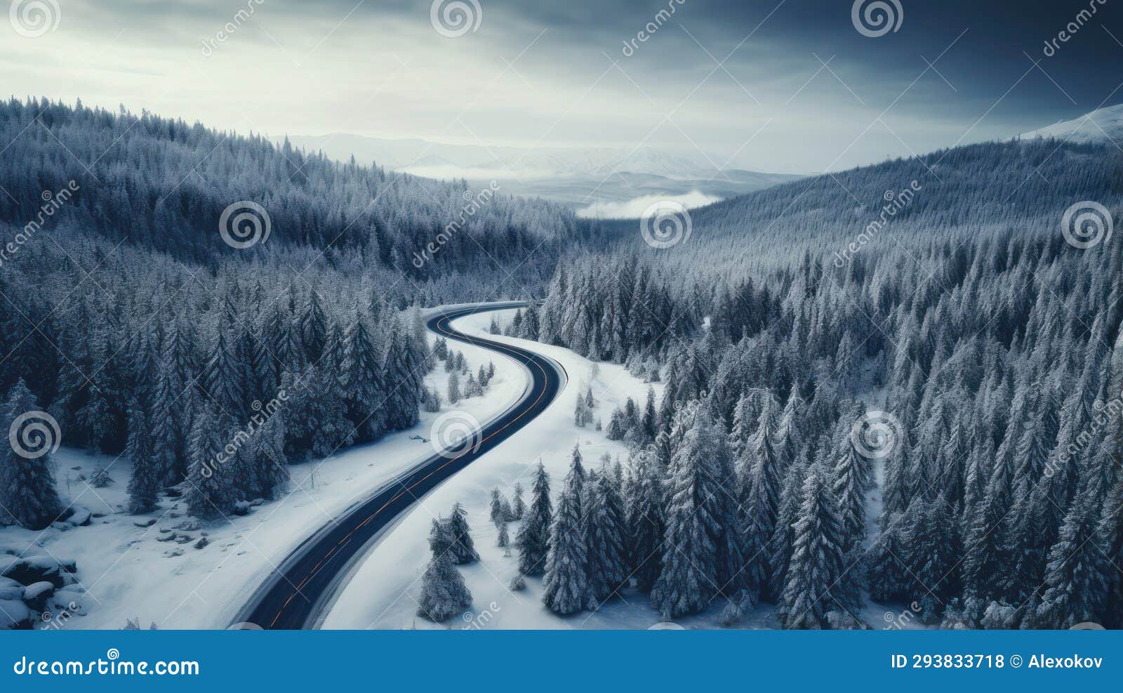 Aerial View of Winding Road in Winter Forest AI Generated Stock ...