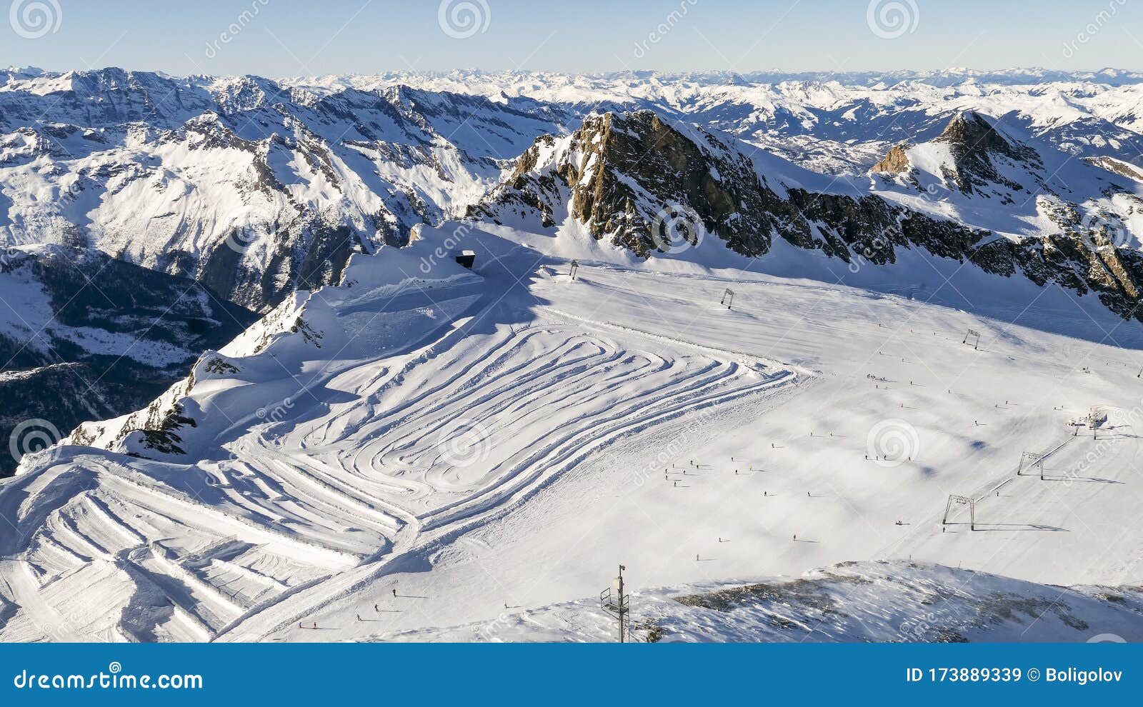 Aerial View of Winter Slope of Alps with Sunny Ski Pathways Stock Image ...
