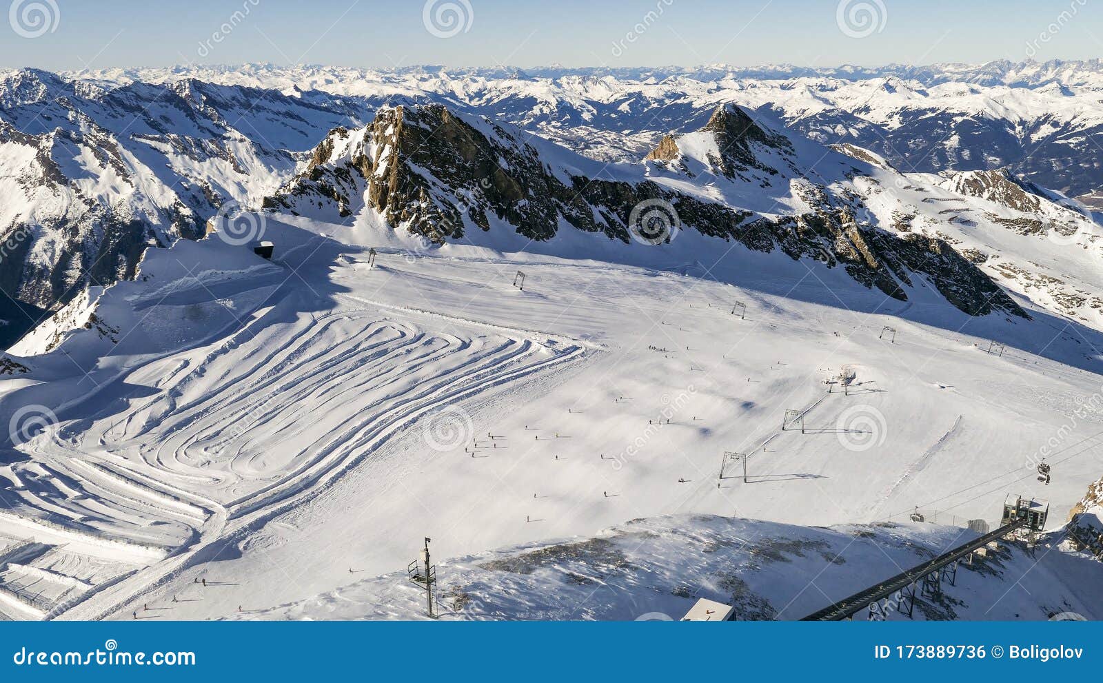 Aerial View of Winter Slope of Alps with Sunny Ski Pathways Stock Photo ...