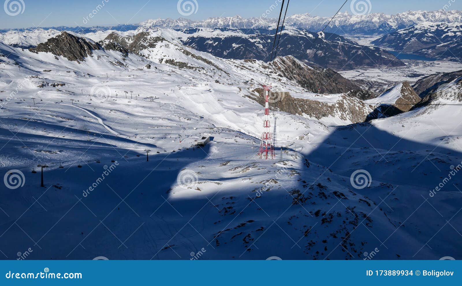 Aerial View of Winter Slope of Alps with Sunny Ski Pathways and Large ...