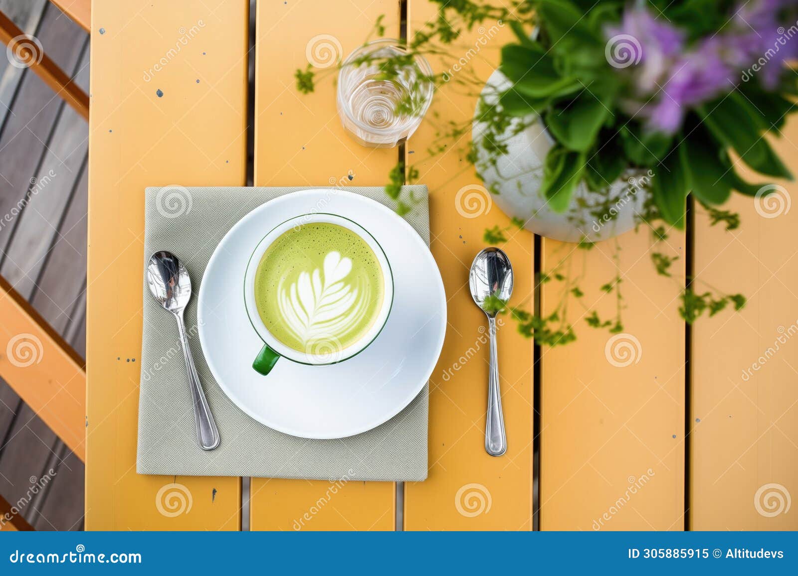 Aeriel View of a Table Setting with Matcha Latte and Greenery Stock ...